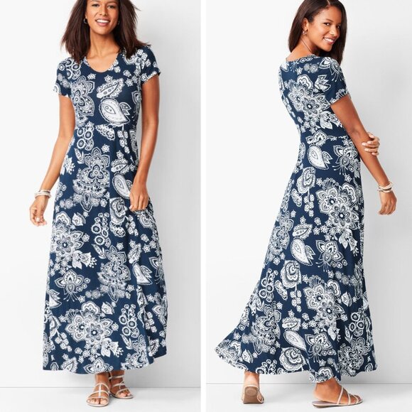 Talbots | Dresses | Talbots Blue White Paisley Floral Knit Short Sleeve ...